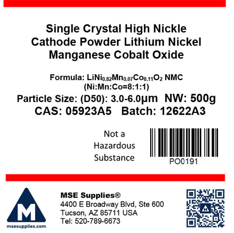 MSE PRO Single Crystal High Nickel NMC Ni82 Cathode Powder 500g Lithiu ...